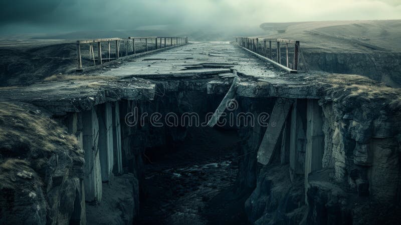 A Broken and Abandoned Bridge in a Barren Landscape Under a Dark Sky ...