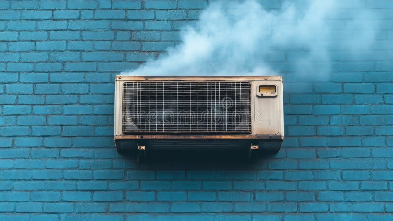 Broken Air Conditioner Emitting Smoke on Blue Brick Wall Stock ...