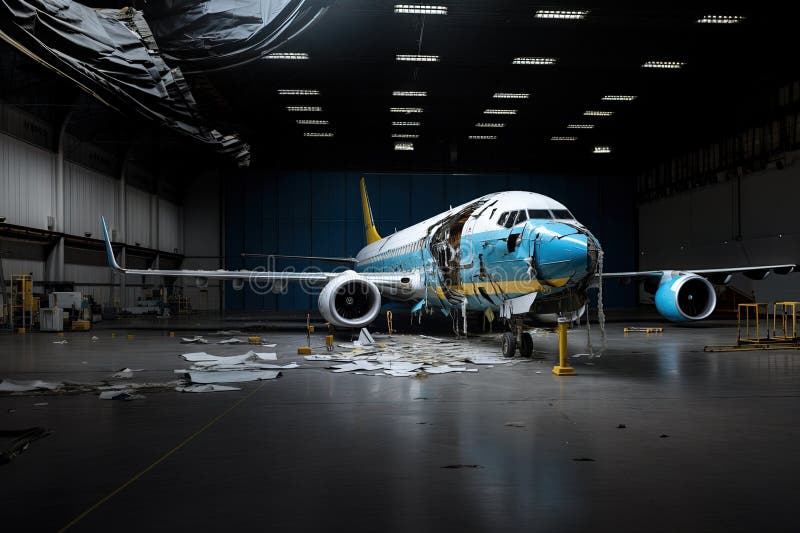 Broken Airplane Fixed with Tape and Repaired in Hangar Generative AI ...