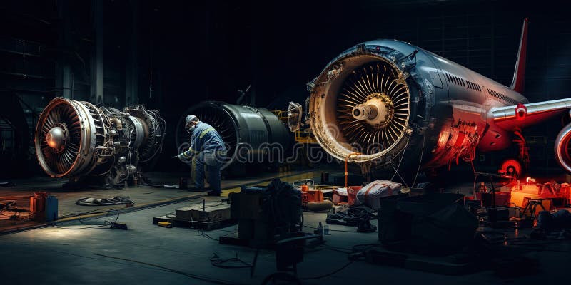 Broken Airplane Jet Engine Repaired in Hangar Generative AI Stock Image ...