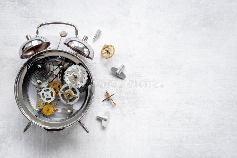 Broken Alarm Clock Top View. Watch Mechanism and Watchmaker Tools Stock ...