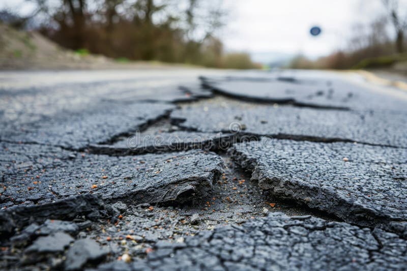 Broken Asphalt of a Road in a Low Angle with with Many Cracks Stock ...