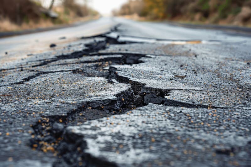 Broken Asphalt of a Road in a Low Angle with with Many Cracks Stock ...