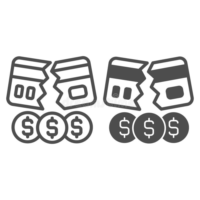 Broken Bank Card with Coins Line and Solid Icon, Hacker Attacks Concept ...