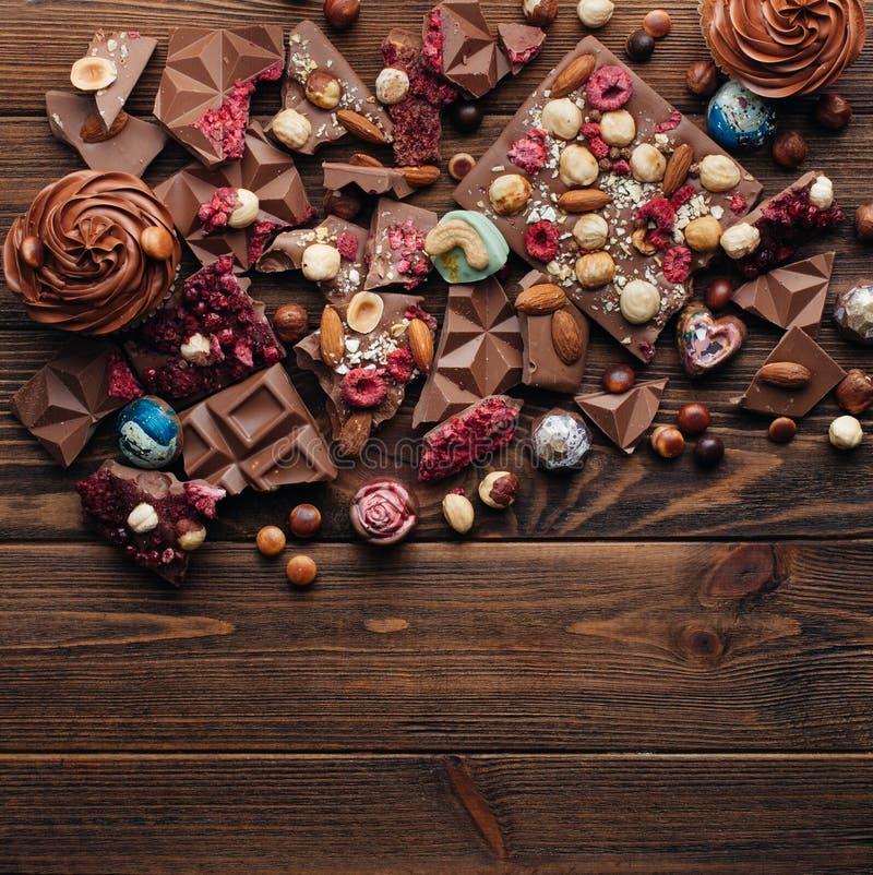 Broken Bars of Chocolate with Nuts and Chocolate Candies on Rust Stock ...