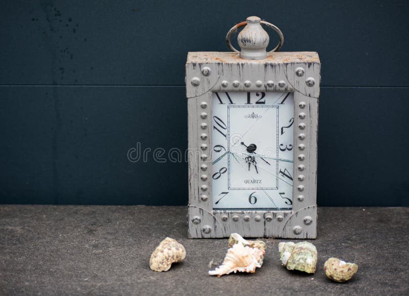 Broken Cracked Glass Wooden Beach Clock Summer Vibe Shells Stock Image ...