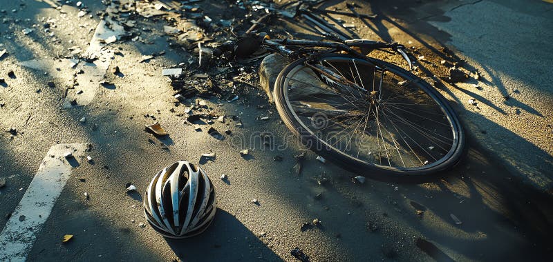 Broken Bicycle and Helmet on the Ground after a Crash Stock ...