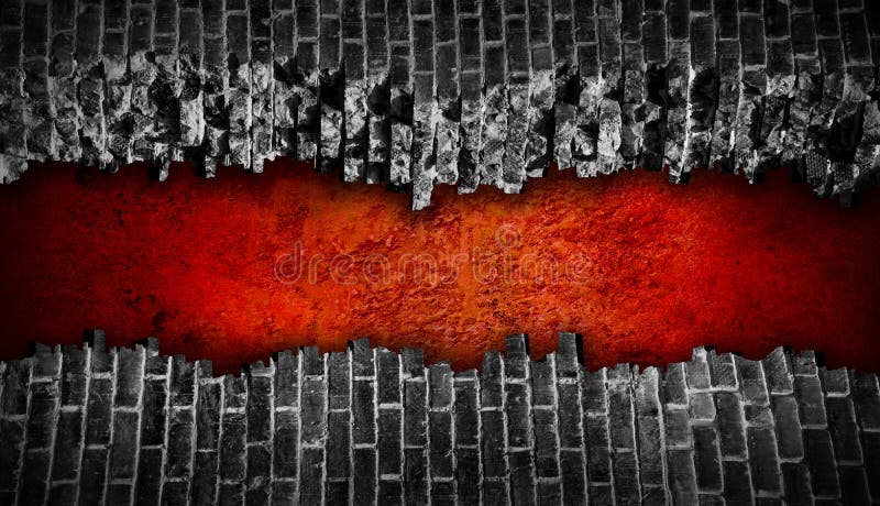 Broken Black Brick Wall with Large Red Hole Stock Image - Image of ...