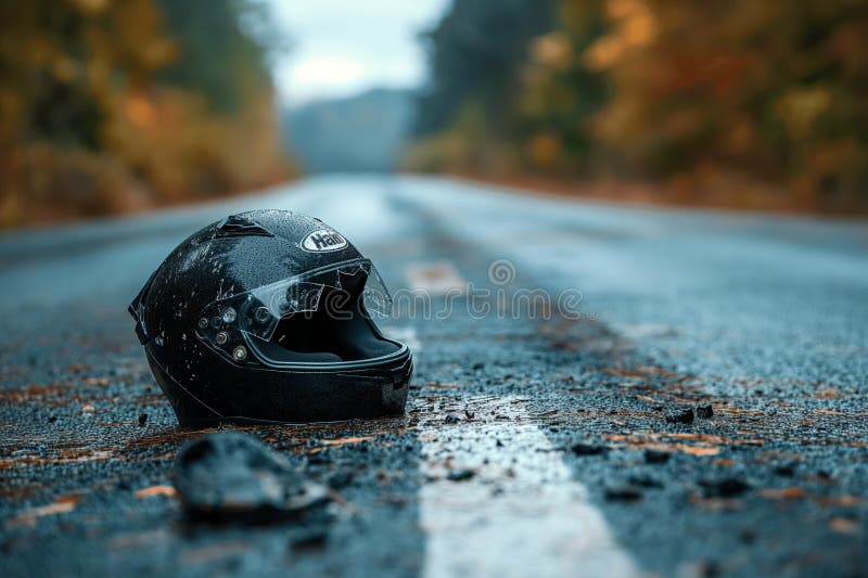 A Broken Black Motorcycle Helmet Lying on the Side of an Empty Road ...