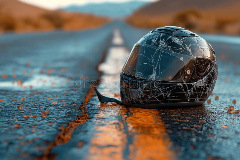 A Broken Black Motorcycle Helmet Lying on the Side of an Empty Road ...