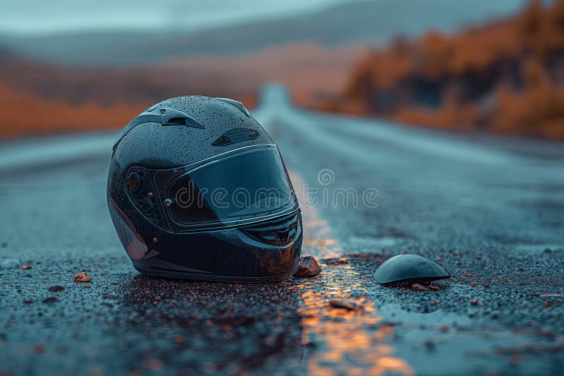 A Broken Black Motorcycle Helmet Lying on the Side of an Empty Road ...