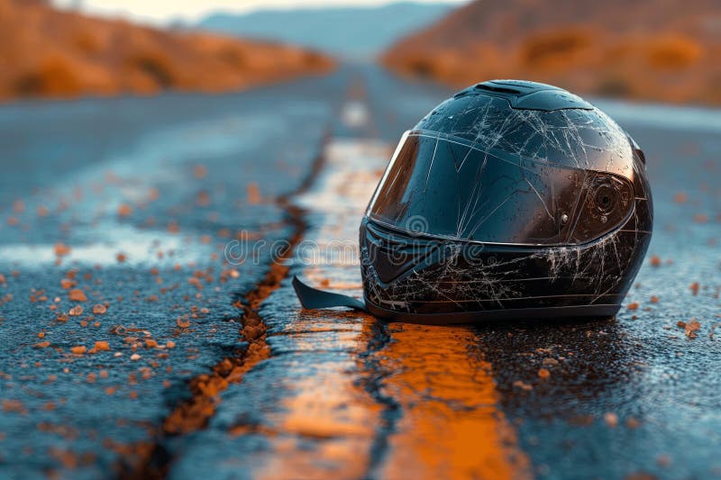 A Broken Black Motorcycle Helmet Lying on the Side of an Empty Road ...