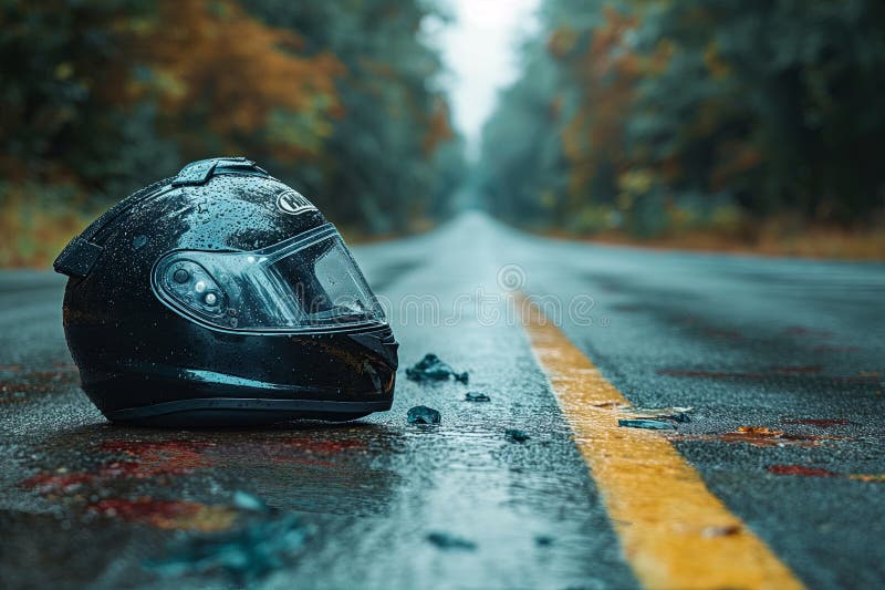 A Broken Black Motorcycle Helmet Lying on the Side of an Empty Road ...