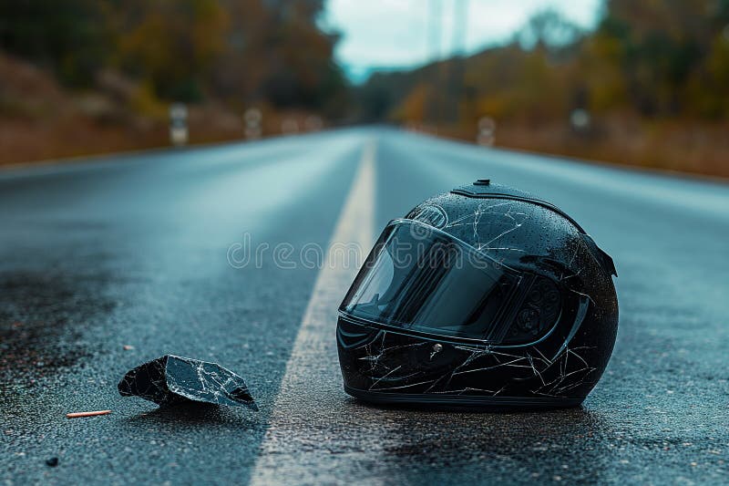 A Broken Black Motorcycle Helmet Lying on the Side of an Empty Road ...
