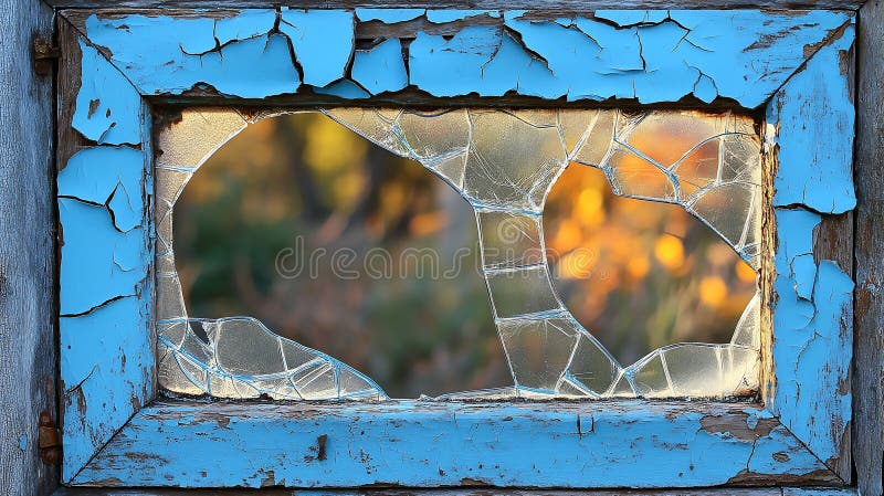 Broken Blue Window Frame Reveals Blurred Autumn Landscape Beyond in ...