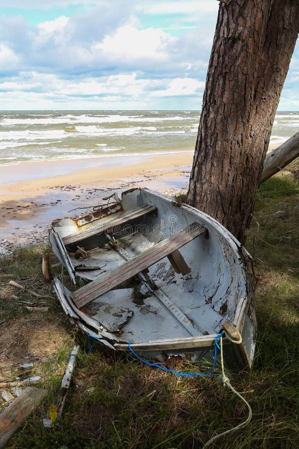 Broken Boat in Forest by Seaside Stock Image - Image of natural ...