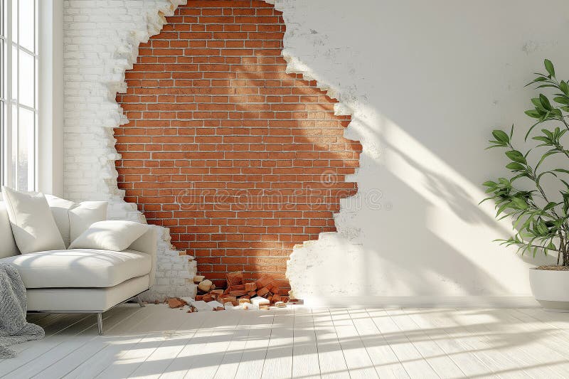 A Broken Brick Wall with a Bright, Modern Living Room Visible through ...