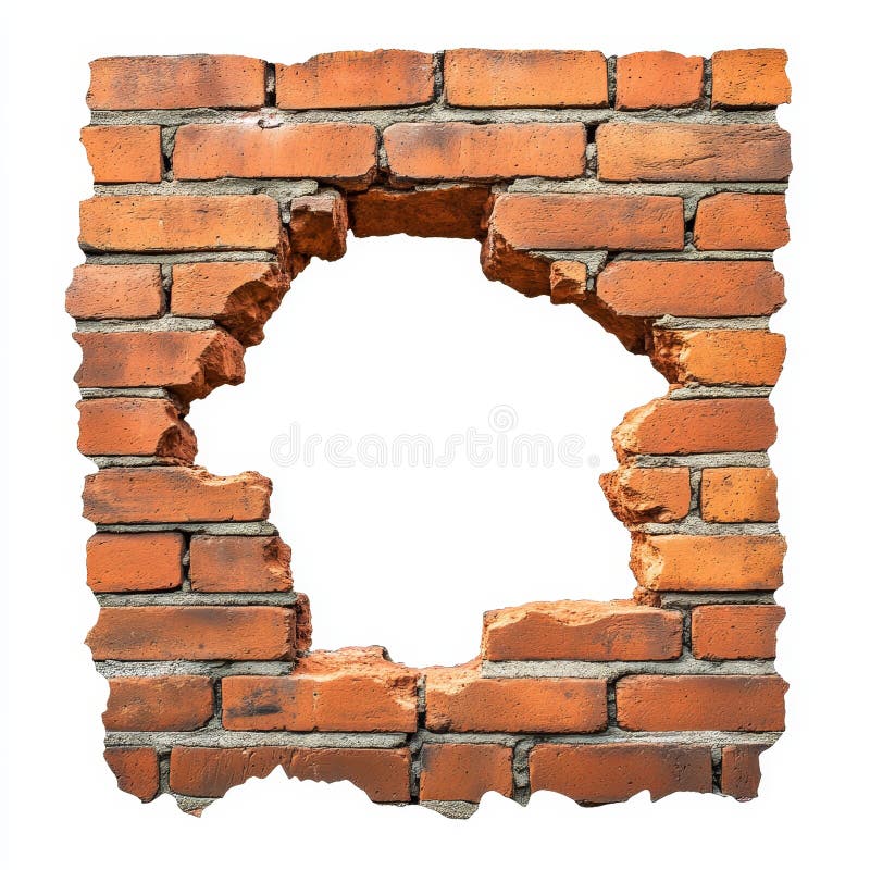 Broken Brick Wall with Hole Isolated on White Background Stock ...