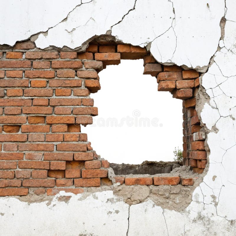 Broken Brick Wall with Hole Isolated on White Background Stock ...