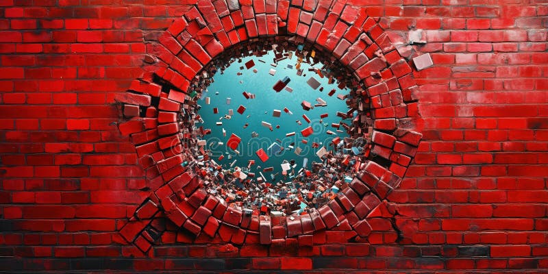 Broken Brick Wall Revealing Blue Background with Flying Debris and ...