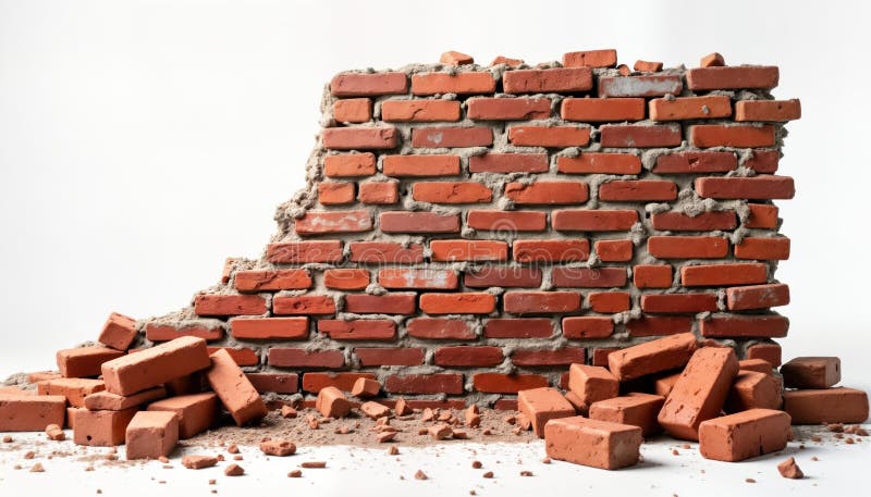 Broken Brick Wall with Scattered Bricks. Destruction, Demolition of ...