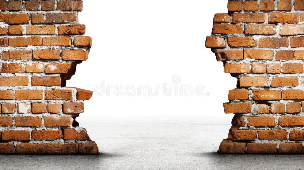Weathered Orange Brick Wall with a Central Gap Against White Background ...