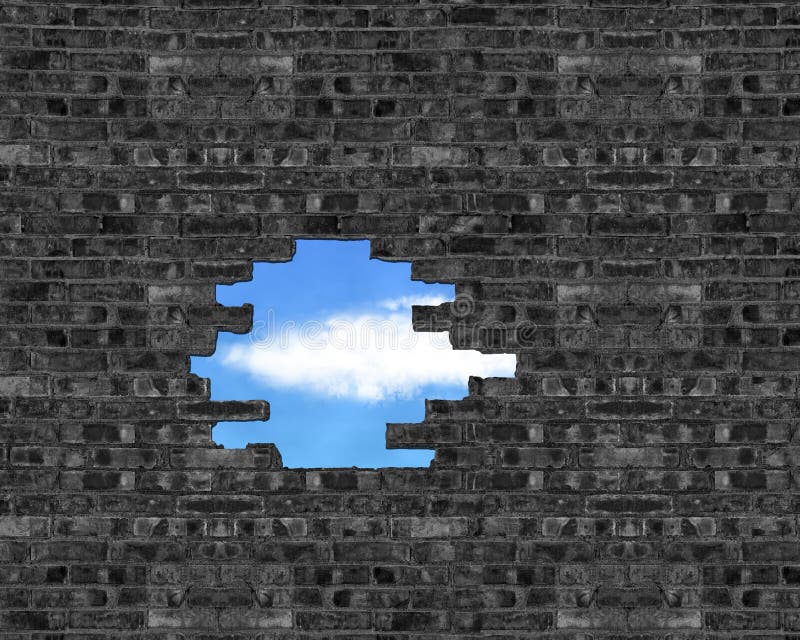 Broken Bricks Wall with a Hole and Cloud, Blue Sky Outside Stock Image ...