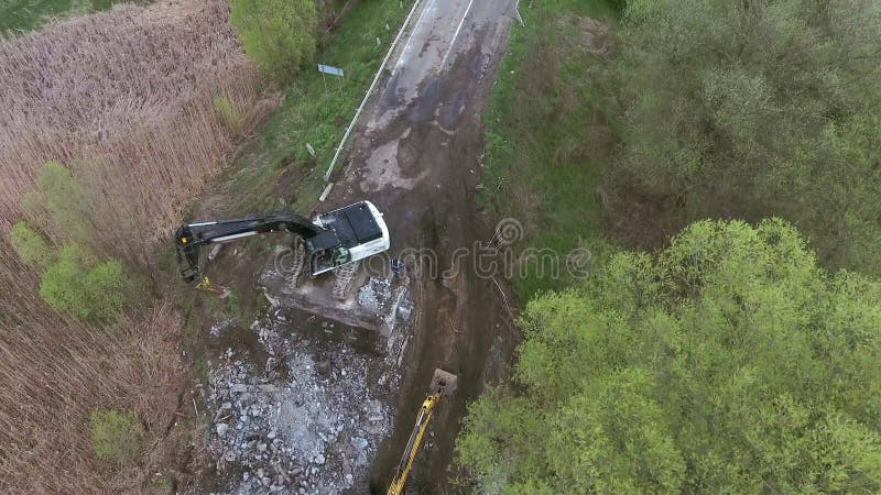 Broken Bridge, Crawler Excavator at Rivers Broken Road Structure ...