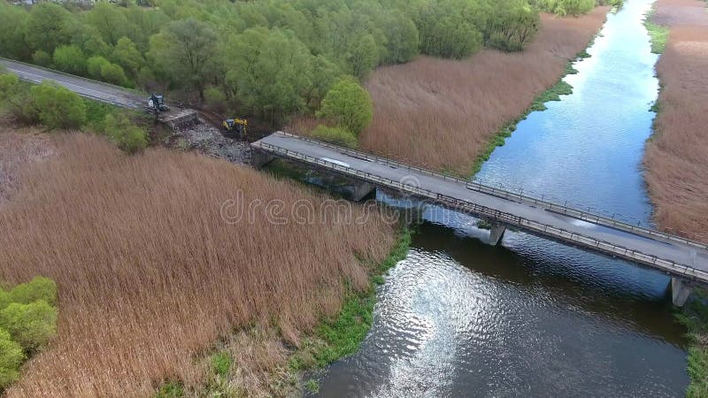 Broken Bridge, Crawler Excavator at Rivers Broken Road Structure ...