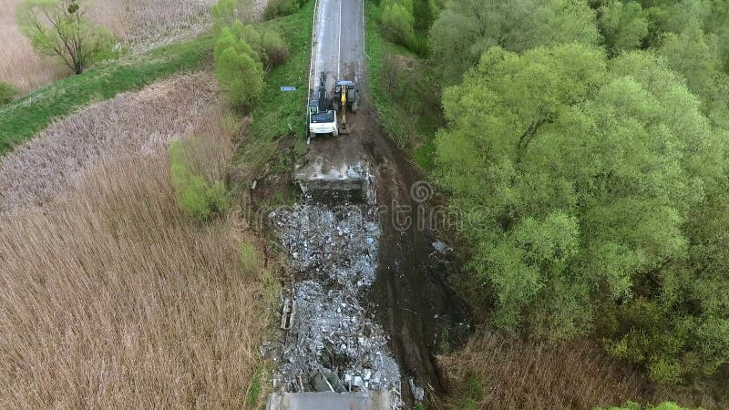 Broken Bridge, Crawler Excavator at Rivers Broken Road Structure ...