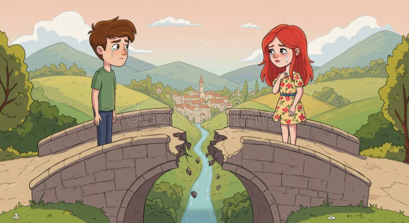 Broken Bridge Distant Dreams Two Young Figures Stand on Opposite Sides ...