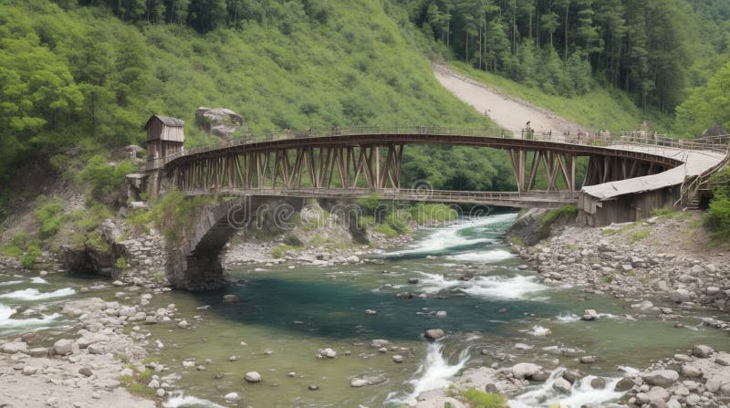 Broken Bridge on the River in Mountain Stock Illustration ...