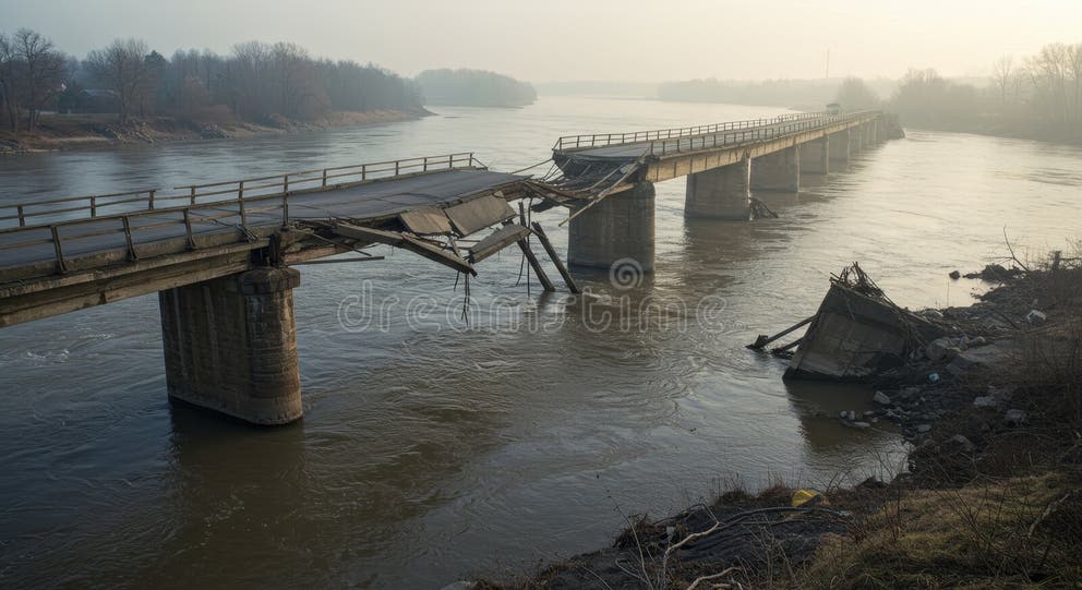 Broken Bridge Across the River Impassable Path a Broken Bridge ...