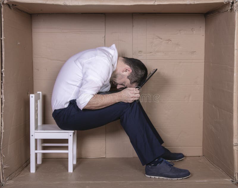 Broken Businessman in a Cardboard Office, Stress and Depression from ...