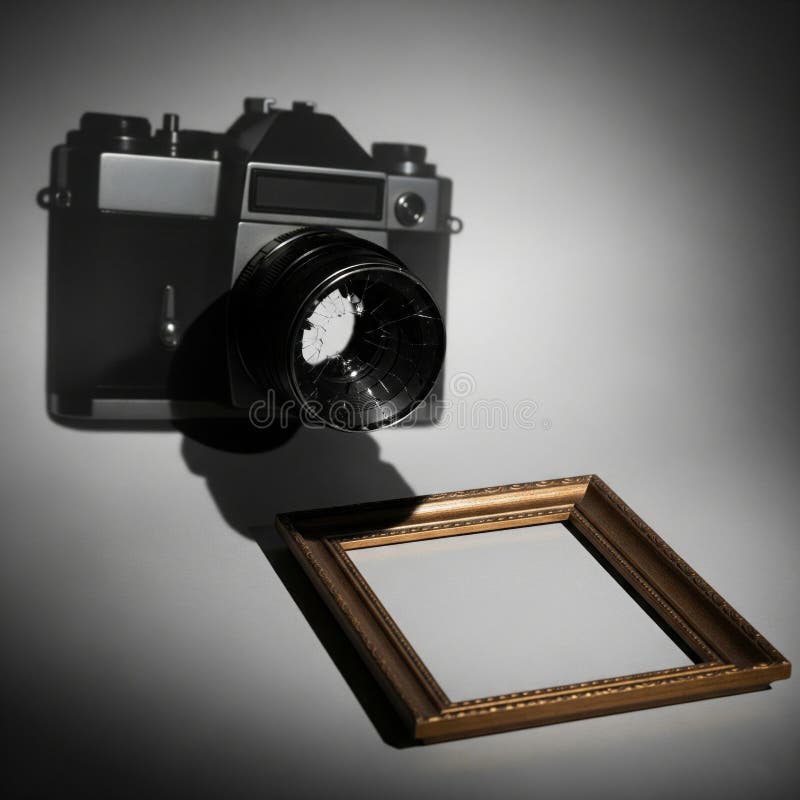 A Broken Camera and an Empty Frame on a Gray Background. Stock Photo ...