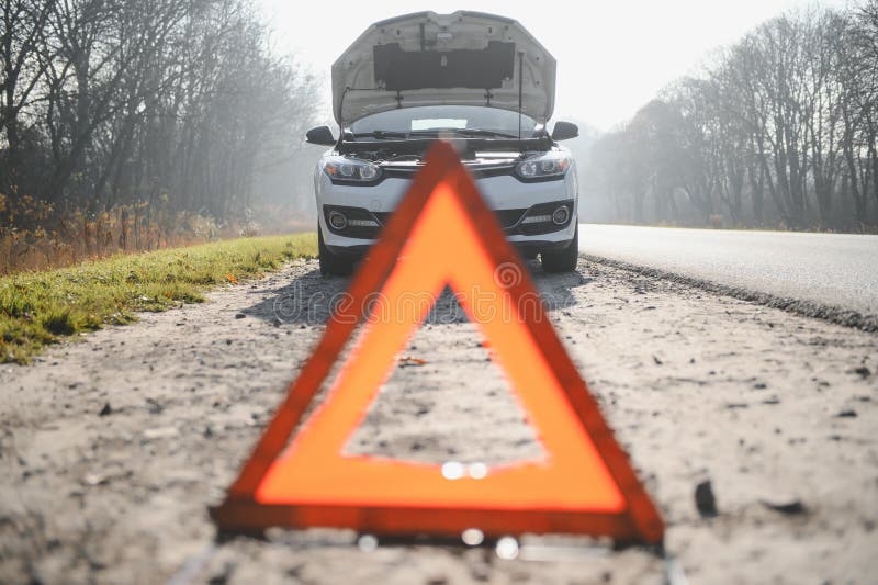 Broken Car Concept, Breakdown Triangle on Road Stock Image - Image of ...