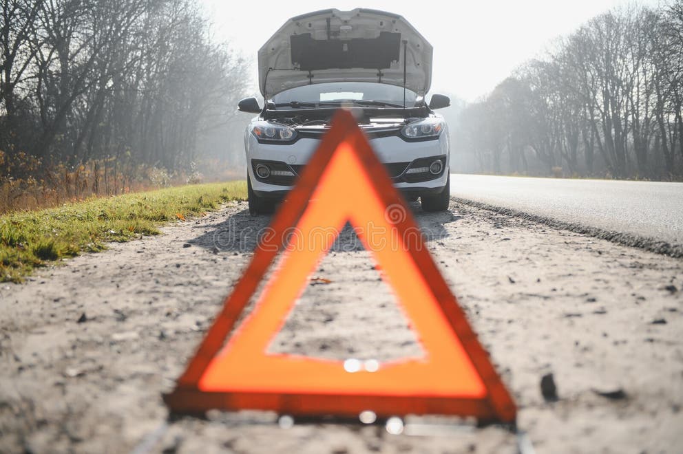 Broken Car Concept, Breakdown Triangle on Road Stock Image - Image of ...