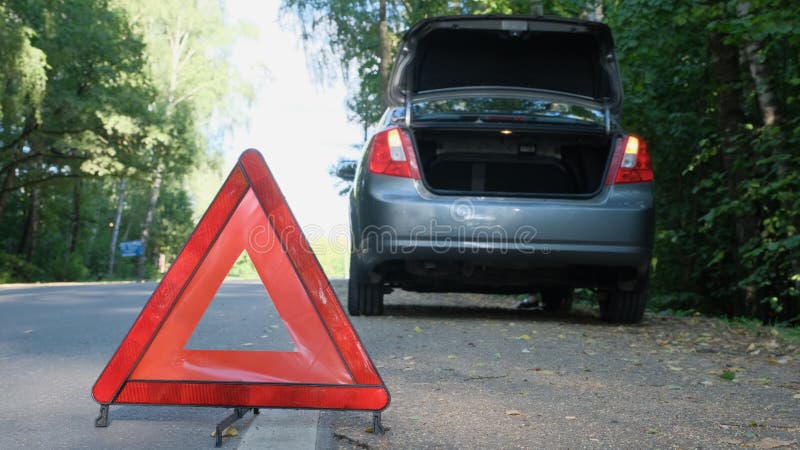Broken Car in the Forest. Red Triangle As Emergency Stop Sign. Car ...
