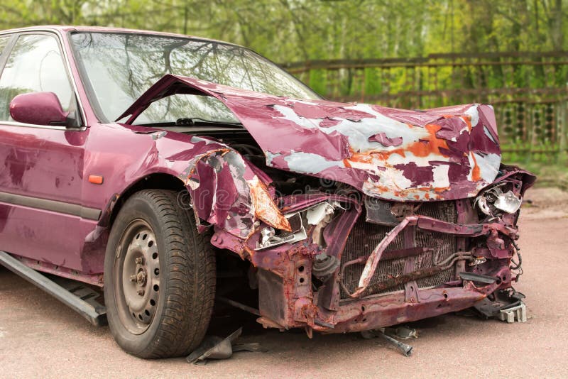 Broken Car. Purple Car after the Crash. Rusty Bumper. Stock Photo ...