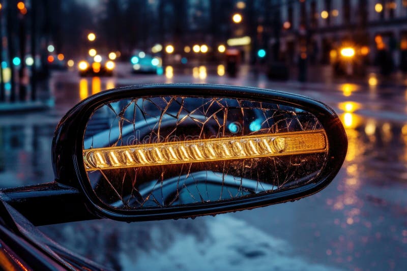 Broken Car Side Mirror Reflecting City Lights on Rainy Evening Stock ...