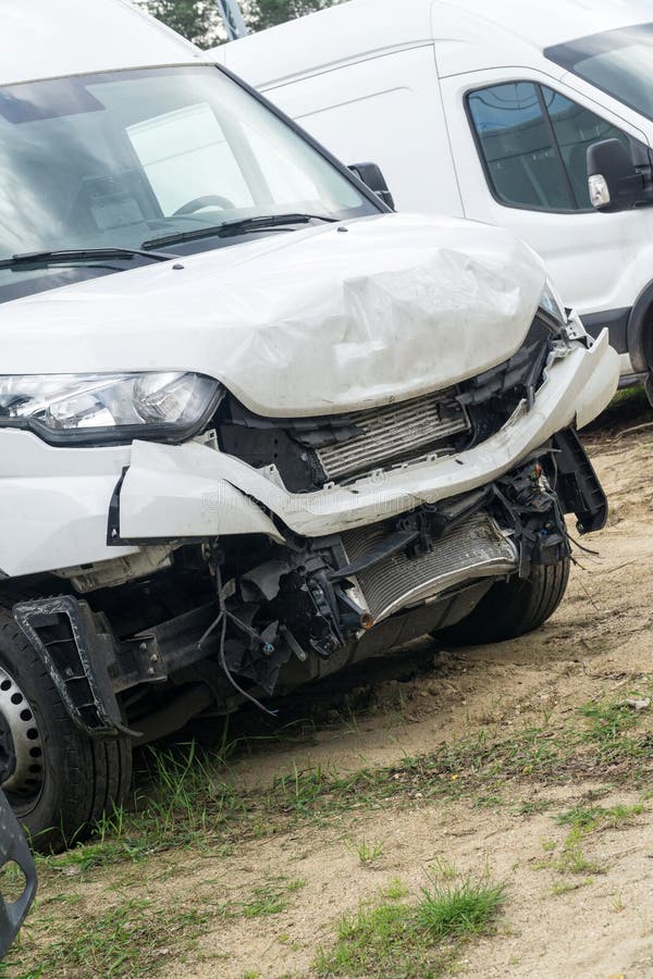 Broken Car White Van after Frontal Collision. Closeup Stock Image ...