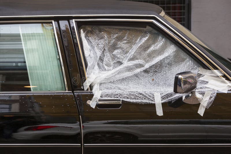 Broken Car Window Covered with Plastic Stock Photo - Image of auto ...