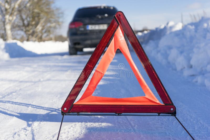 Broken Car on Winter Road with Warning Sign Stock Photo - Image of ...