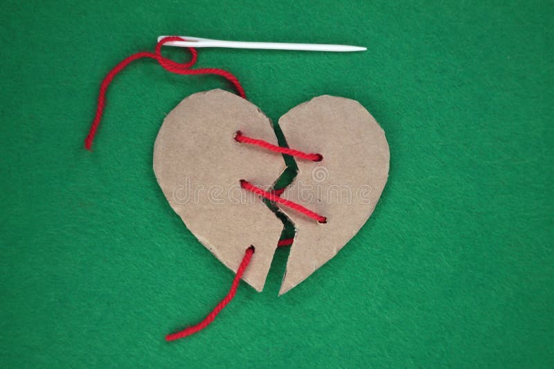 Broken Cardboard Heart Stitched with Red Thread. Stock Image - Image of ...
