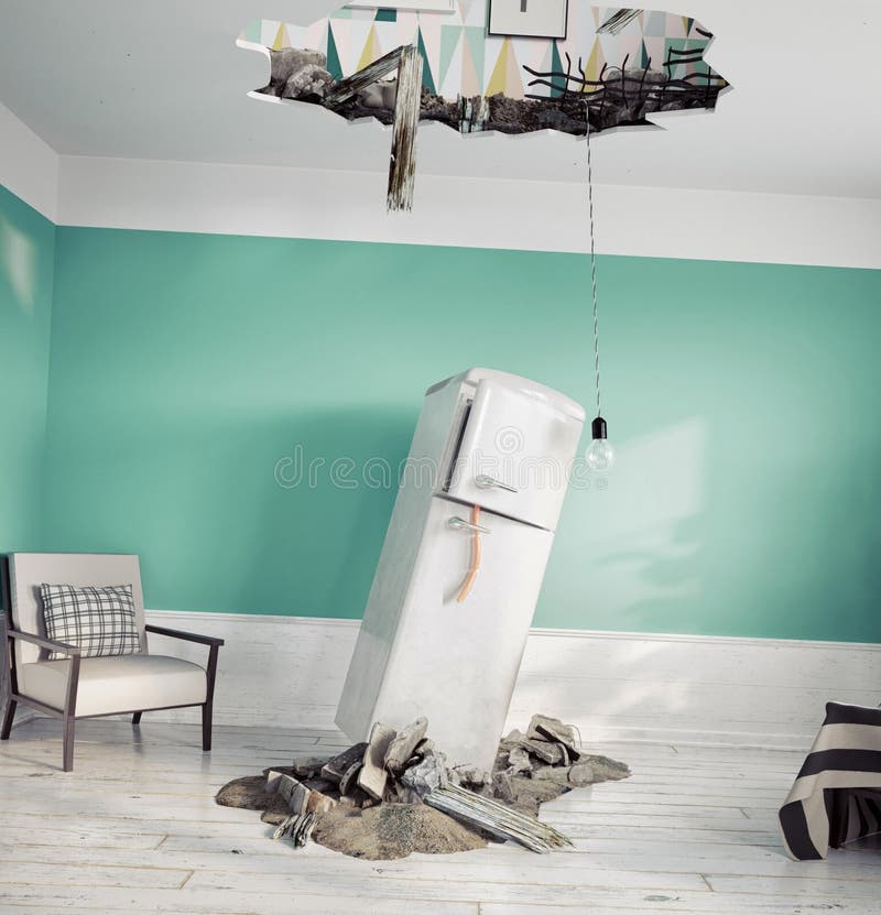 Broken Ceiling and Falling Refrigerator Stock Illustration ...