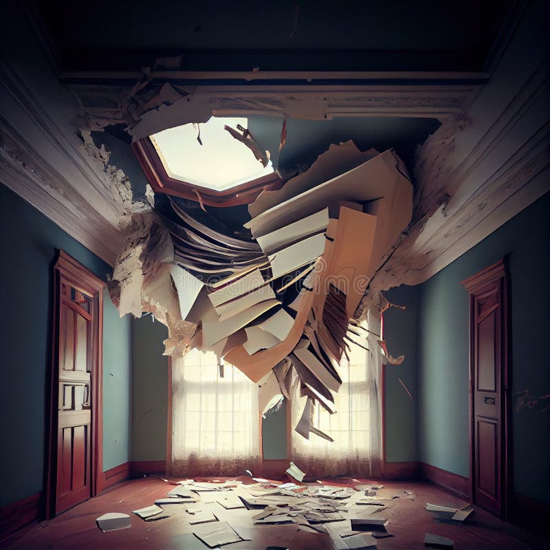 Broken Ceiling in the Room with Falling Books. Stock Illustration ...