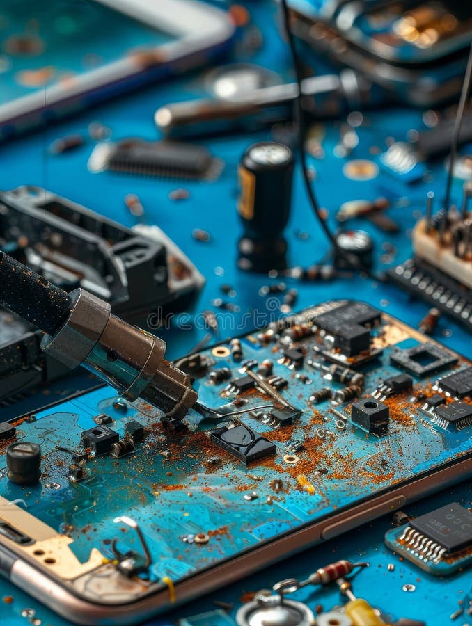 A Broken Cell Phone is on a Table with Other Broken Electronics. Scene ...