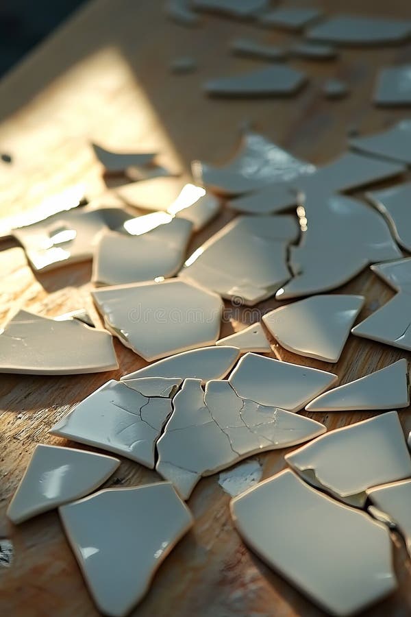 Broken Ceramic Pieces on Wooden Surface with Sunlight Creating Shadows ...