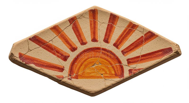 Broken Ceramic Tile with a Hand-painted Sunburst Design in Red and ...