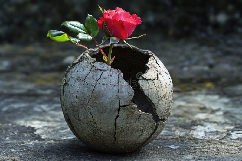 A Broken Ceramic Vase with a Rose Growing Out of the Shattered Remains ...